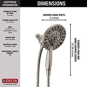 Delta Faucet 4-Spray In2ition Dual Shower Head with Handheld Spray, Brushed Nickel Shower Head with Hose, Showerheads & Handheld Showers, Handheld Shower Heads, Stainless 58499-SS