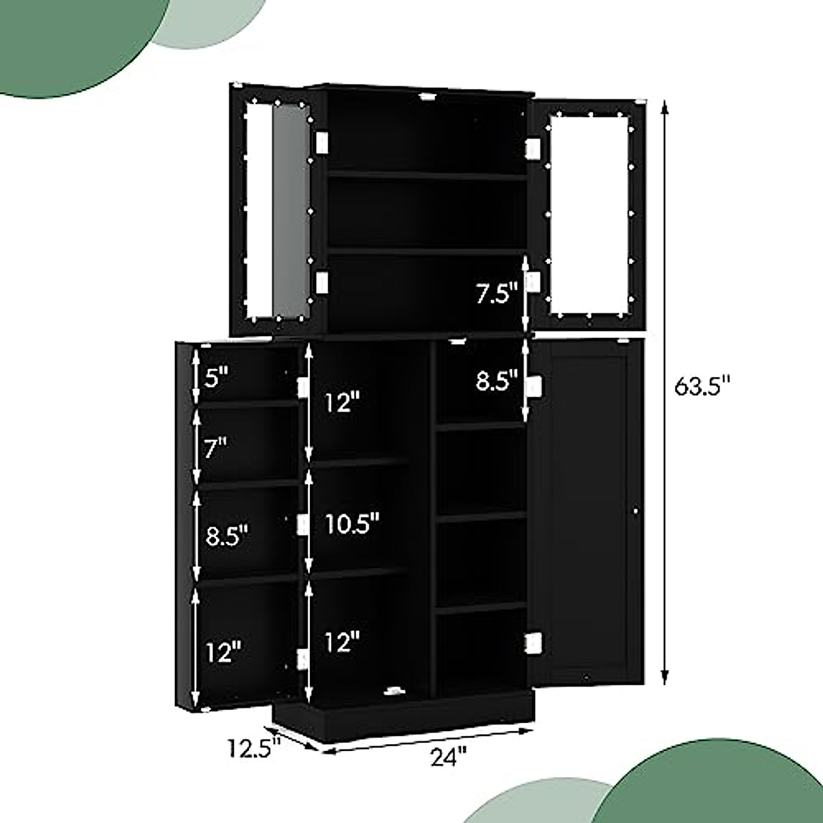 Giantex 63.5" Pantry Organizers and Storage, Freestanding Tall Storage Cabinet for Kitchen Bathroom Living Room Office, Wooden Utility Cupboard with Glass Doors & Shelves, 12.5"x24"x63.5" (Black)