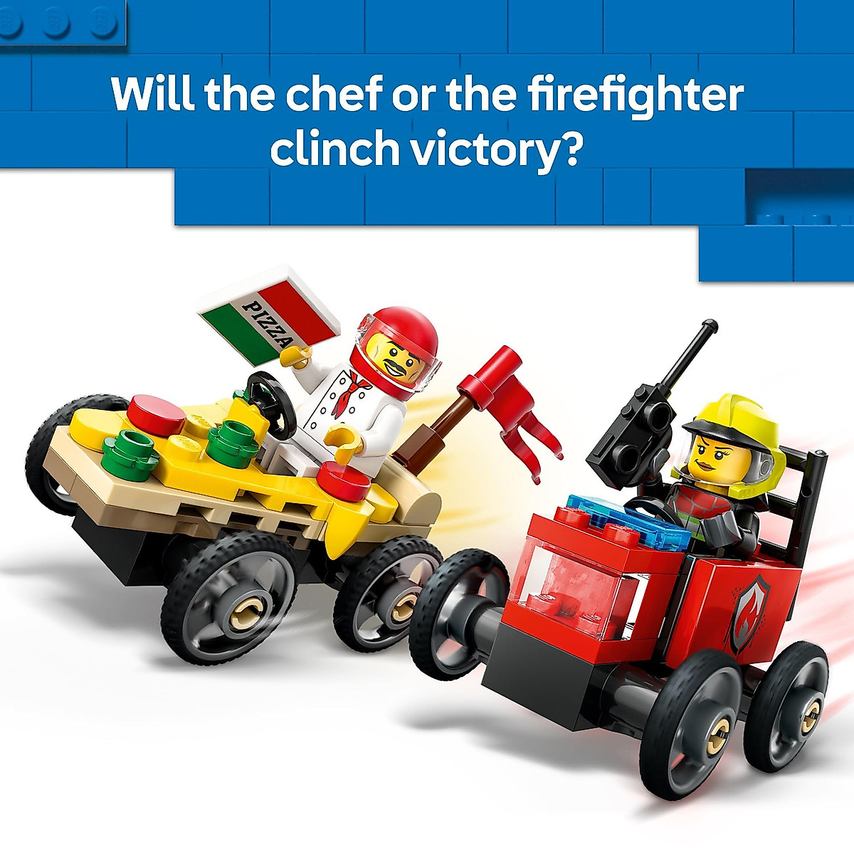 LEGO City Pizza vs. Fire Truck Race Car Pack Toy - Building Toy for Kids, Boys and Girls, Ages 5+ - Gift for Birthdays and Holidays - Includes Chef and Firefighter Minifigures - 60458