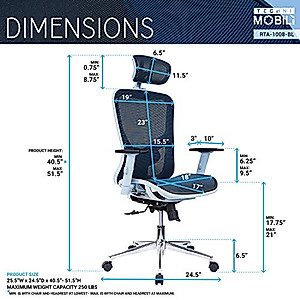 Techni Mobili Mesh Office Chair - High Back Computer Desk Chair with Adjustable Arms, Headrest, & Lumbar Support - Ergonomic Chair with Seat Cushion, Wheels, & Reclining Tilt Lock