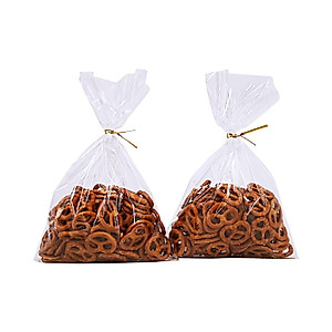 Wowfit 50 CT 8” x 12” Clear Flat Cellophane Treat Bags with 6” Gold Twist Ties, Cello Packaging for Mugs, Dessert, Muffins, Party Favors and Gift Wrapping