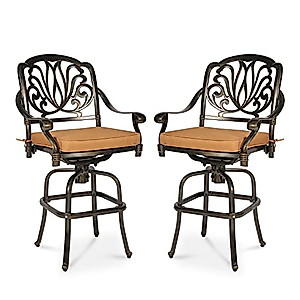 MEETWARM 2 Piece Outdoor Patio Swivel Bar Stools, All-Weather Cast Aluminum Bar Height Bistro Chairs, Outdoor Furniture Bar Dining Chair Set with Cushions for Garden Deck Backyard, Dark Bronze