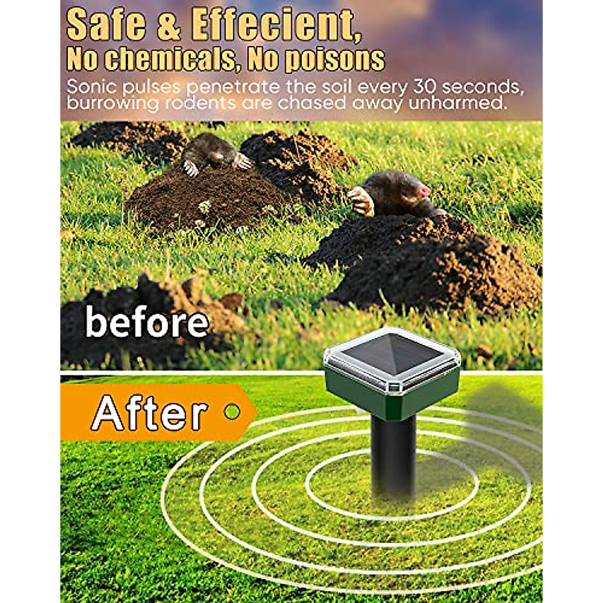 SEEKBIT Ultrasonic Mole Repellent Solar Powered Sonic Mole Snake Gopher Vole Repellent Deterrent Spikes for Lawn Garden Yard, Groundhog Repeller, Waterproof (8 Pack)