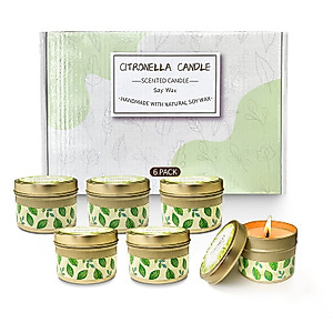【6 Pack】 Citronella Scented Candles for Home Decoration Outdoor Indoor, Natural Soy Wax Candles Gift Set, Travel Tin Candles Set, Lemongrass Aromatherapy Candles for Home Garden Patio Balcony