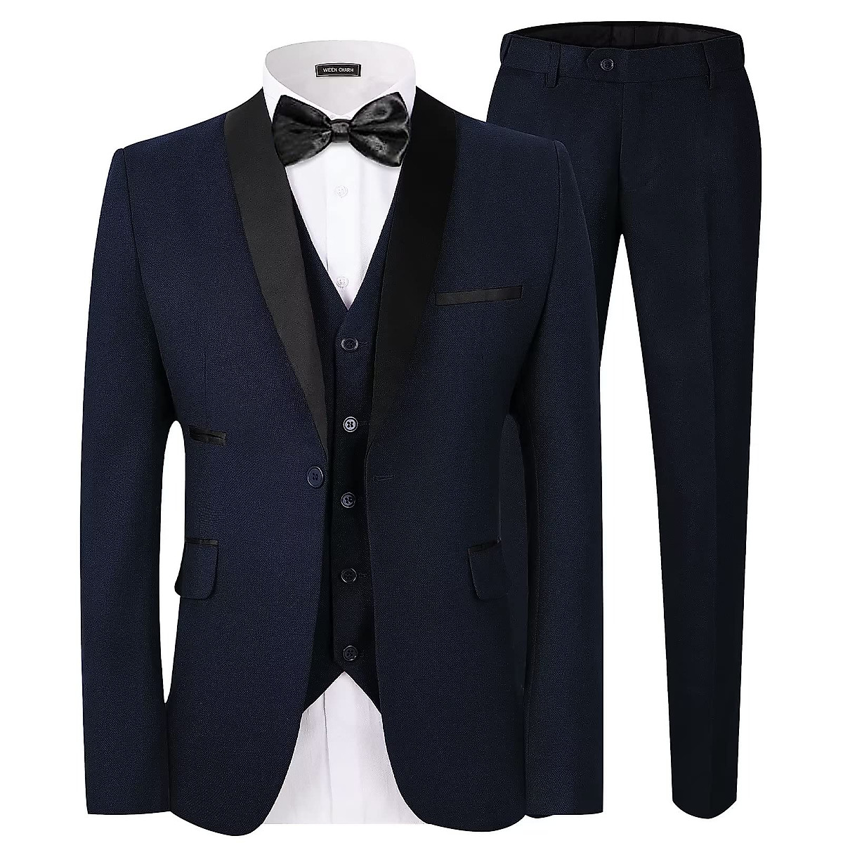 WEEN CHARM Men's Slim Fit 3 Piece Tuxedo Suit One Button Shawl Lapel Blazer Jacket Vest Pants Set Blue