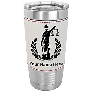 LaserGram 20oz Vacuum Insulated Tumbler Mug, Lady Justice, Personalized Engraving Included (Faux Leather, Baseball Style)