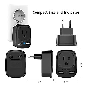 European Travel Plug Adapter 2 Pack, TESSAN International Power Outlet Adaptor with 2 USB, Type C Charger from USA to Most of Europe EU Spain Iceland Germany France Italy Israel, Black