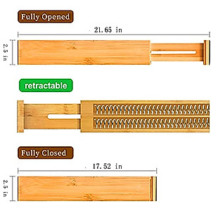 6 Pack Adjustable Bamboo Drawer Dividers Organizers, Spring Loaded Drawer Separators - Expandable Drawer Organization Separators for Kitchen, Dresser, Bedroom, Baby Drawer, Office (17.5-22 inch)