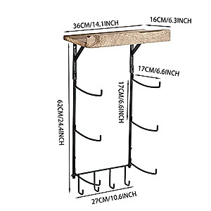 Towel Rack Wall Mounted for Bathroom, Metal Bath Towel Holder Storage Hand Towels w/Wood Shelf and 4 Hooks for Small Bathroom Organizer Decor or RV Camper, Black