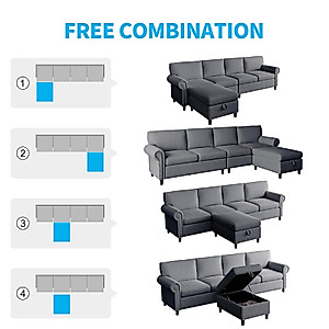 ADOWORE 5 Pieces Sectional Couch Modular Sofa with Reversible Chaise 101" L-Shaped Couch Sofa 4-seat Modular Large Sectional Couch with Ottoman for Living Room, Upholstered Cushion