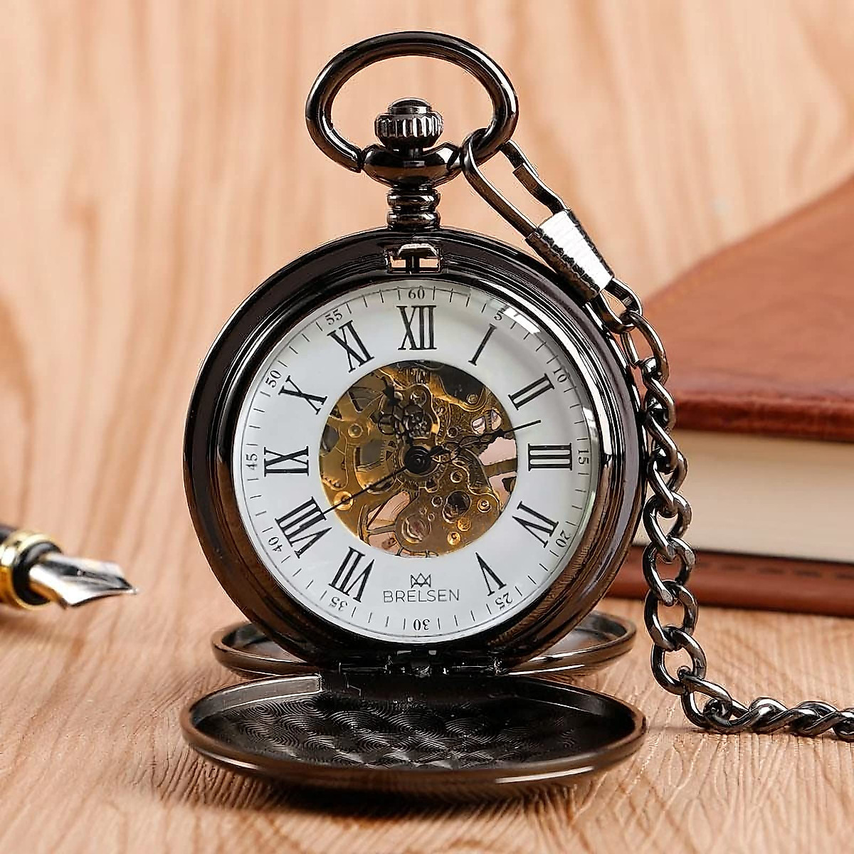 Brelsen Onyx Black Double Hunter Mechanical Pocket Watch