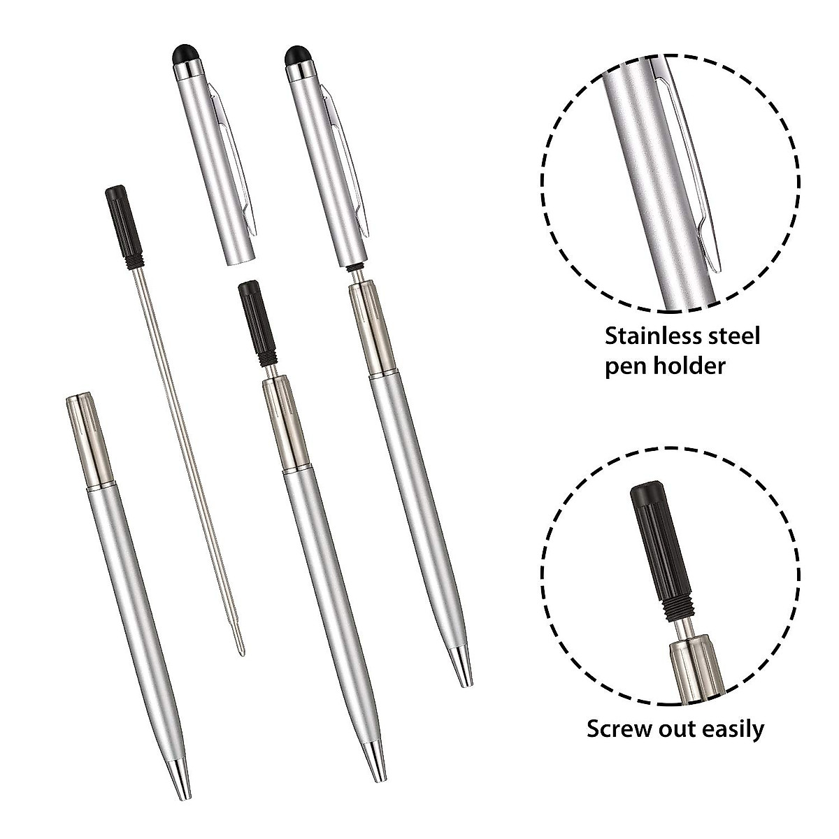 32 Pieces Stylus Pen for Touch Screens, 2 in 1 Universal Ballpoint Fine Tip Stylus Metal Pens, Black Ink, for Most Capacitive Touch-Screen Phone Tablet (Black, Silver)