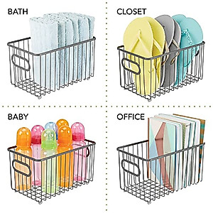 mDesign Metal Farmhouse Kitchen Pantry Food Storage Organizer Basket Bin - Wire Grid Design - for Cabinet, Cupboard, Shelves, Countertop, Closet, Bedroom, Bathroom - 10" Long, 4 Pack - Graphite Gray