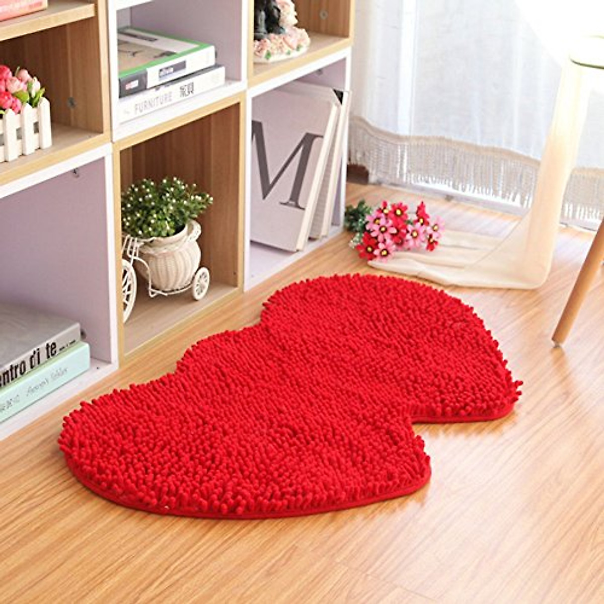 YX-Yami Chenille Double Heart Rugs,Super Soft Anti-Skid Area Rugs Carpet, Bathroom, Bedroom, Stairs and New Home Floor Decorations (Red)