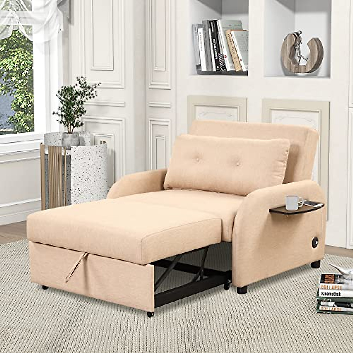 3 in 1 Convertible Loveseat Sofa with Pull-Out Sleeper&Adjsutable Backrest,Multi-Functional Folding Recliner Accent Futon Sofá Chair,Upholstered Lounge Chaise Couch Armchair for Living Room