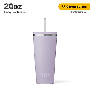 RTIC 20oz Everyday Tumbler Insulated Stainless Steel Portable Travel Coffee Cup with Straw, Spill-Resistant Lid, BPA-Free, Hot and Cold Drink, Ceramic Lining, Dusty Lilac