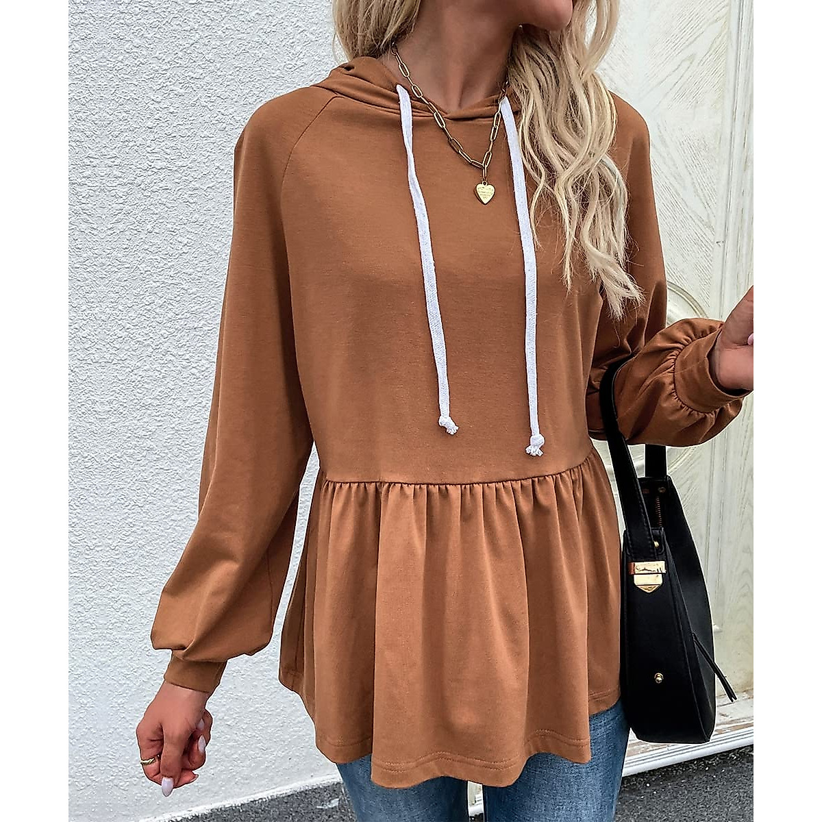 YOXUA Womens Casual Hoodies Peplum Tops, Long Sleeve Lightweight Drawstring Sweatshirt Jacket Pullover Shirts Blouse Coffee