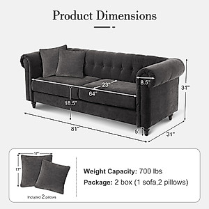 ABCASA 81" Modern Sofa Couch 3 Seater Tufted Chesterfield Sofa for Living Room Chenille Grey(23 Deep Seat)