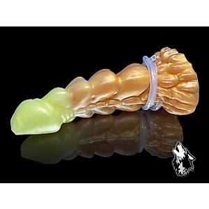 FlirtyDawg Fantasy Realistic Monster Butt Plug Anal Adult Sex Toys Platinum Silicone Dildo Dragon Dorian with cumtube Color Yellow-Gold - Handmade in USA (12 inch)