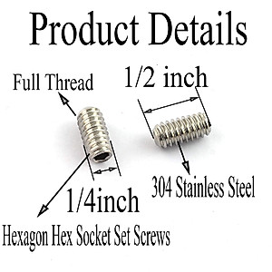 RuiLing 25PCS 1/4-20x1/2" Hexagon Hex Socket Set Screws 304 Stainless Steel Full Thread Cup Point Grub Screws