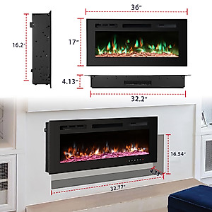 PAOLFOX 36 inch Electric Fireplace Insert,Wall Mounted,Wall Fireplace Electric with Remote Control,Linear Fireplace,Led Fireplace Recessed,12 Flame Colors