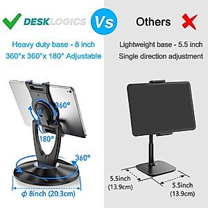 DeskLogics iPad Tablet Stand Holder for Desk - 6 inch to 13 inch - Stable, Adjustable - 360° Swivel Angle Pen Phone iPad Stand for Store, Retail Kiosk, Reception, Home Office, Gift Ideas - Black