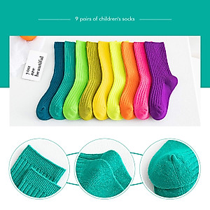 MINI PANDA Little Girl's Socks, Girls Socks Cute,girls Crew Socks 9 Pairs Pack (9 colors-2, 5-8 Years)
