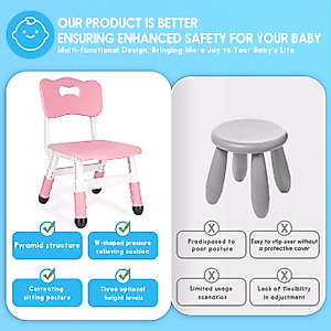 JIAOQIU Kids Chair Height Adjustable Toddler Chair Max Load 220LBS Plastic Indoor Outdoor Chair for Children Age 1-6 School Home Daycare Use Pink
