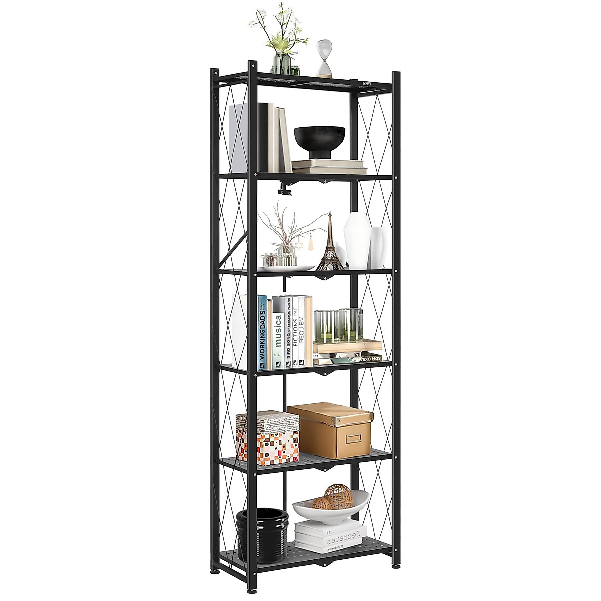 ALANNG 73.6 Inch Folding Bookshelf, 6 Tier Metal Bookcase and Bookshelves, Tall Shelves for Living Room Office Bedroom, Heavy Duty Book Shelve Free Standing Open Bookshelve (Black, 2PACK)