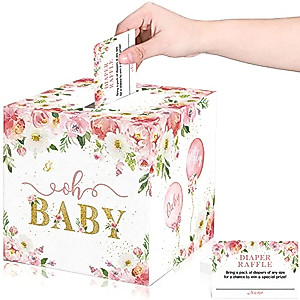 50 Pcs Floral Diaper Raffle Tickets with Diaper Raffle Card Box Baby Shower Holder Box Floral Baby Shower Decorations for Girl Diaper Raffle Floral Game Insert Card for Party Decorations (Pink)