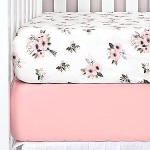TILLYOU Fitted Crib Sheets - 100% Cotton Fitted Sheets for Standard Crib Mattress, Toddler Bed Mattress Fitted Sheets 2 Pack, Machine Washable, 28”x52”, Pink&Floral Flowers