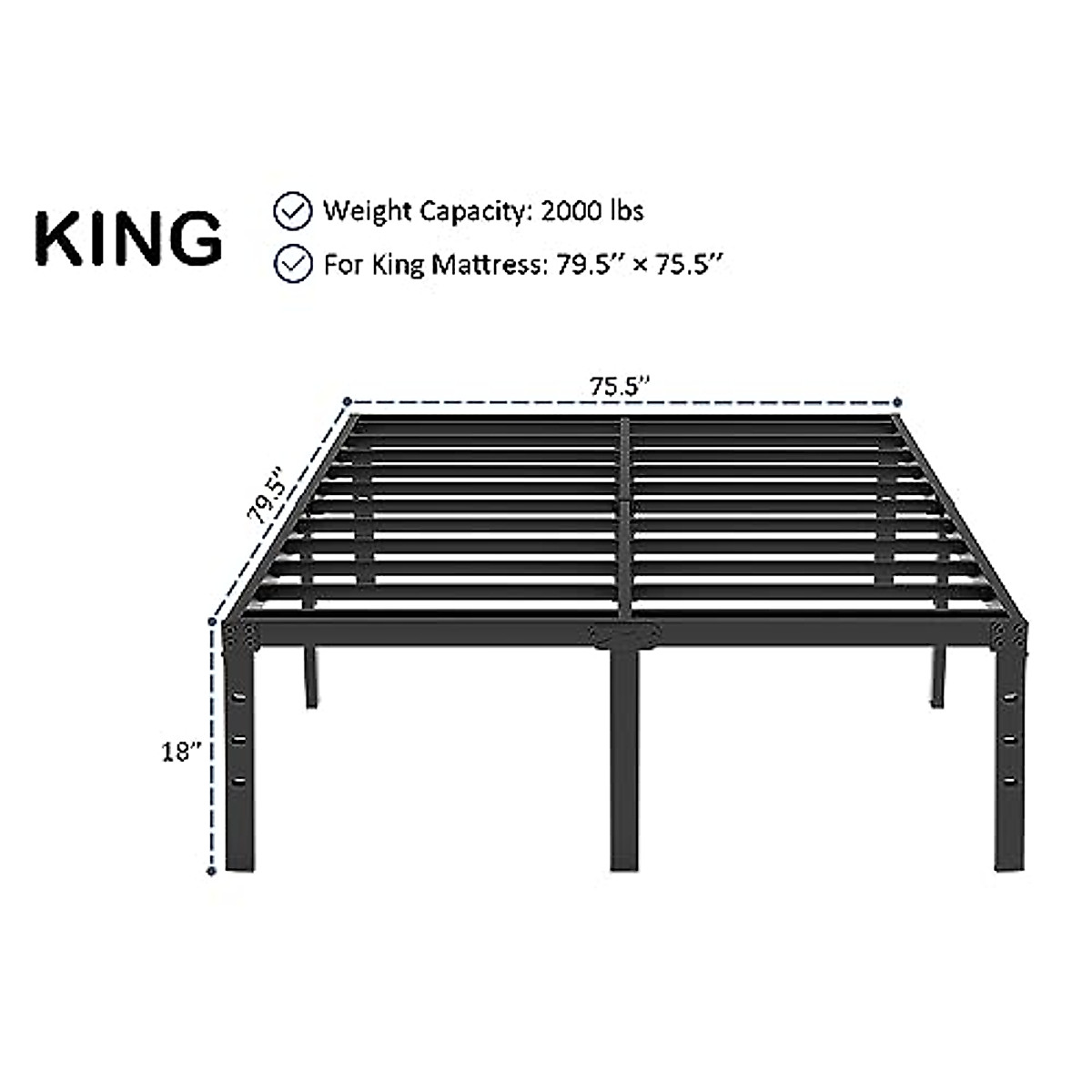 QKOKSY 18 Inch King Size Bed Frame Metal Platform Heavy Duty Black King Bed Frame, No Box Spring Needed, Easy Assembly and Noise Free, Under Bed Storage
