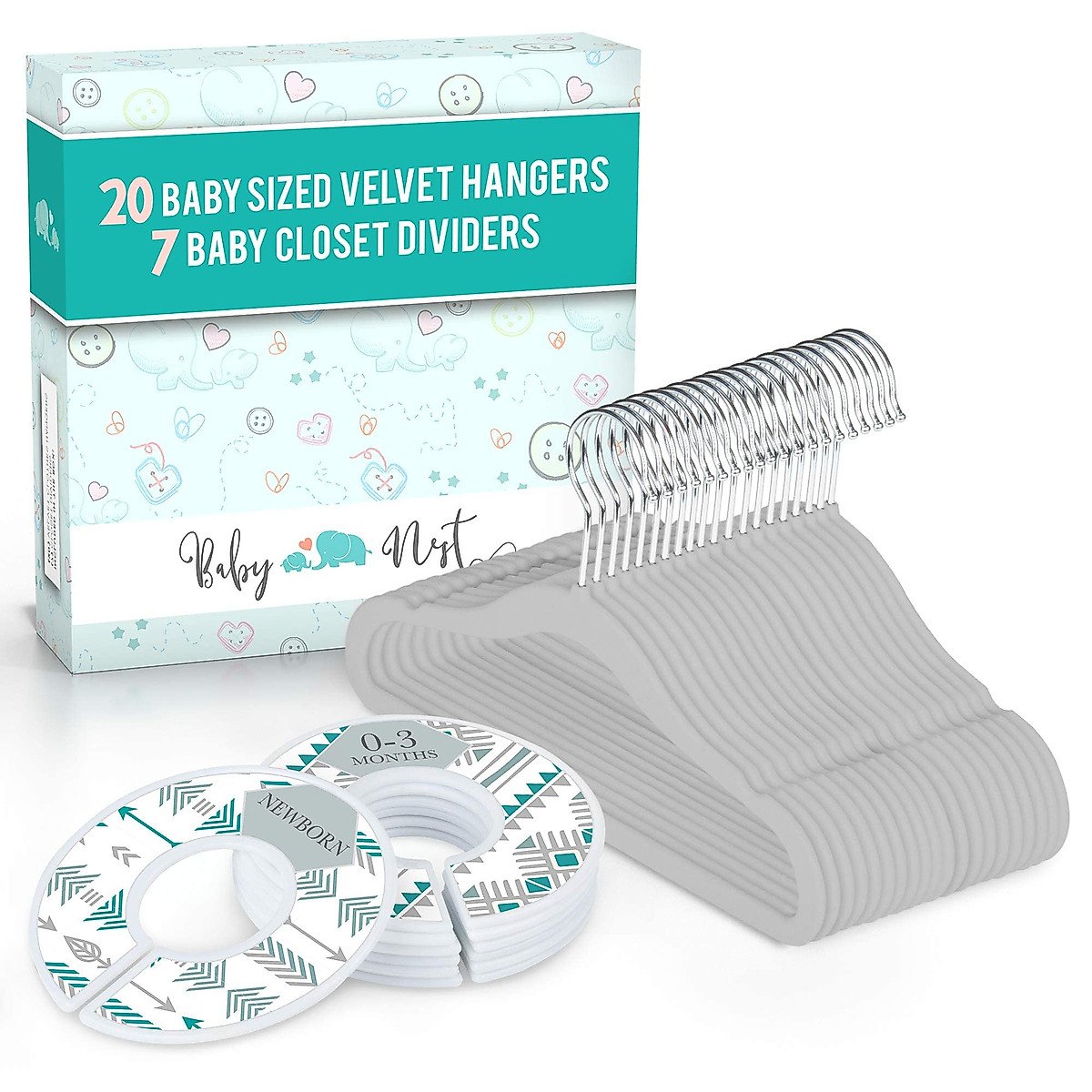 Baby Nest Designs 20x Baby Hangers for Closet with 7X Baby Closet Dividers for Nursery Velvet Baby Clothes Hangers Unisex Newborn Essentials Baby Size Organizer for Infant Clothing to 24 Months