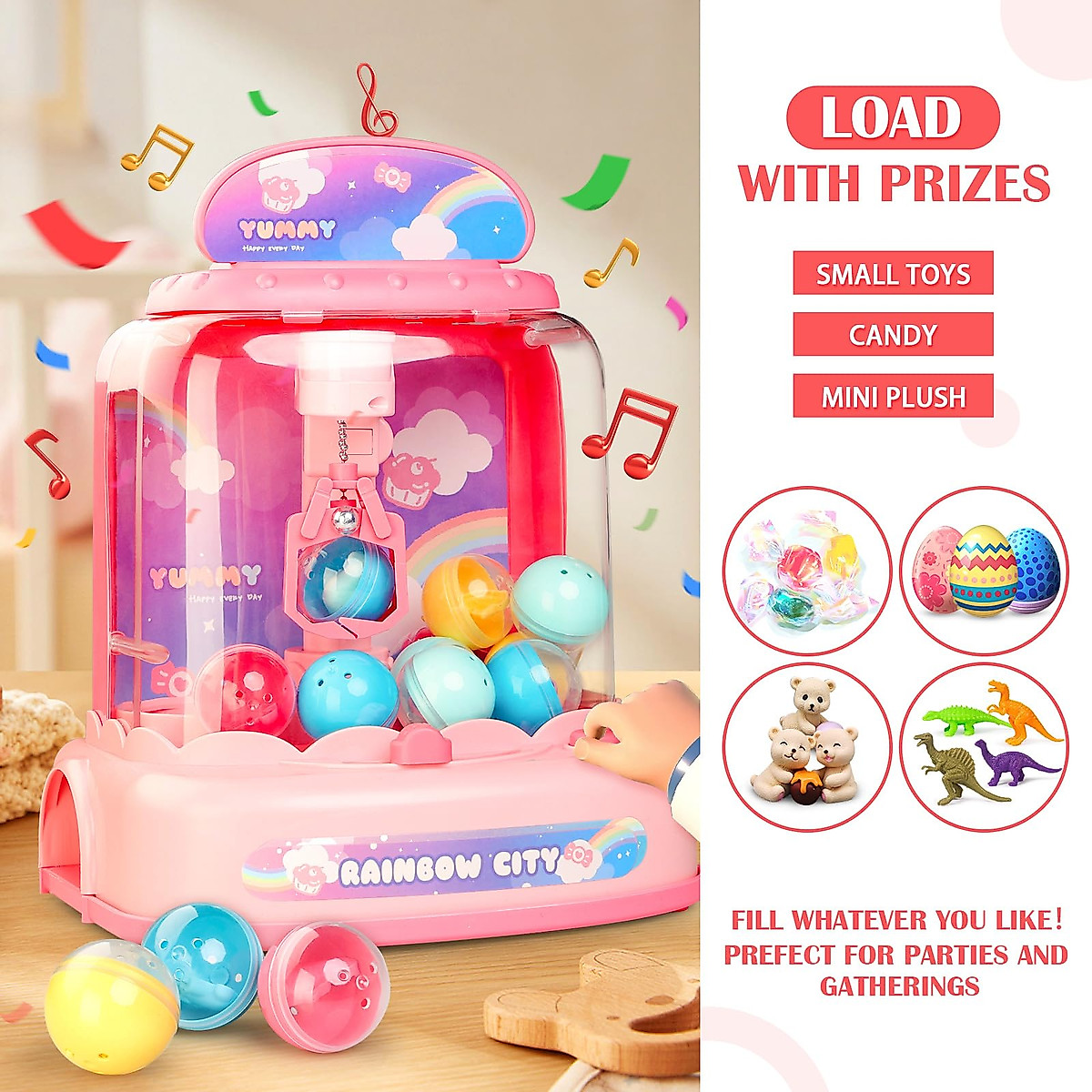 Mini Claw Machine for Kids 4-8|Electronic Arcade Game Indoor Toy with Music & Light|Candy Grabber & Prize Dispenser Vending Machine|Best Birthday Gifts for 3 5 6 7 9 Year Old Girls(10 Gashapons)