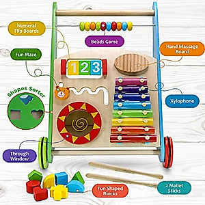 PIDOKO KIDS Wooden Baby Walker - Baby Activity Center Toys for 1 Year Old Boy Girl | Push Walker Toy For Babies - Baby Walkers For Girls Boys 12-18 Months | First 1st Birthday Gifts Toddlers Book Cups