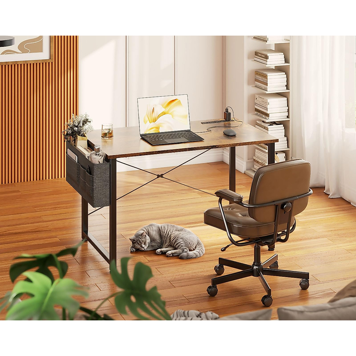 Casaottima 40 inch Computer Desk, Modern Simple Style Desk for Home Office, Study Student Writing Desk with Charging Station Outlets Built in, Rustic