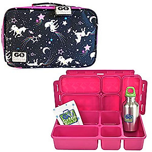 Go Green Lunch Box Lunch Box Set With 5 Compartment Leak-Proof Bento Lunch Box, Insulated Carrying Bag, Beverage Bottle, and Gel Freezer Pack Adults and Kids Unicorn Blue Pink (Magical Sky)