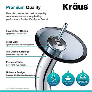 Single Lever Vessel Glass Waterfall Bathroom Faucet Chrome with Black Clear Glass Disk and Matching Pop Up Drain