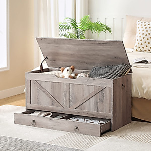 HOOBRO Storage Chest, 39.3" Toy Chest with Drawer, Wooden Storage Bench, Sturdy Entryway Bench Supports 220 lb, Shoe Bench, Safety Hinge, U-Shaped Opening, Easy Assembly, Greige BG710CW01