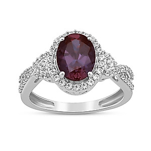 Jewelili Sterling Silver 9x7mm Oval Alexandrite and Round Created White Sapphire Ring, Size 6