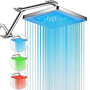 PinWin Shower Head, 8'' LED Rain Shower Head with 16'' Adjustable Extension Arm, Rainfall Style Water Spray, LED Shower Head Water Temperature Controlled Color Changing,Chrome