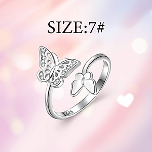 FLYOW Butterfly Ring 925 Sterling Silver Double Butterfly Wrap Around Ring with White CZ Adjustable Thumb Open Rings for Women Jewelry Gifts