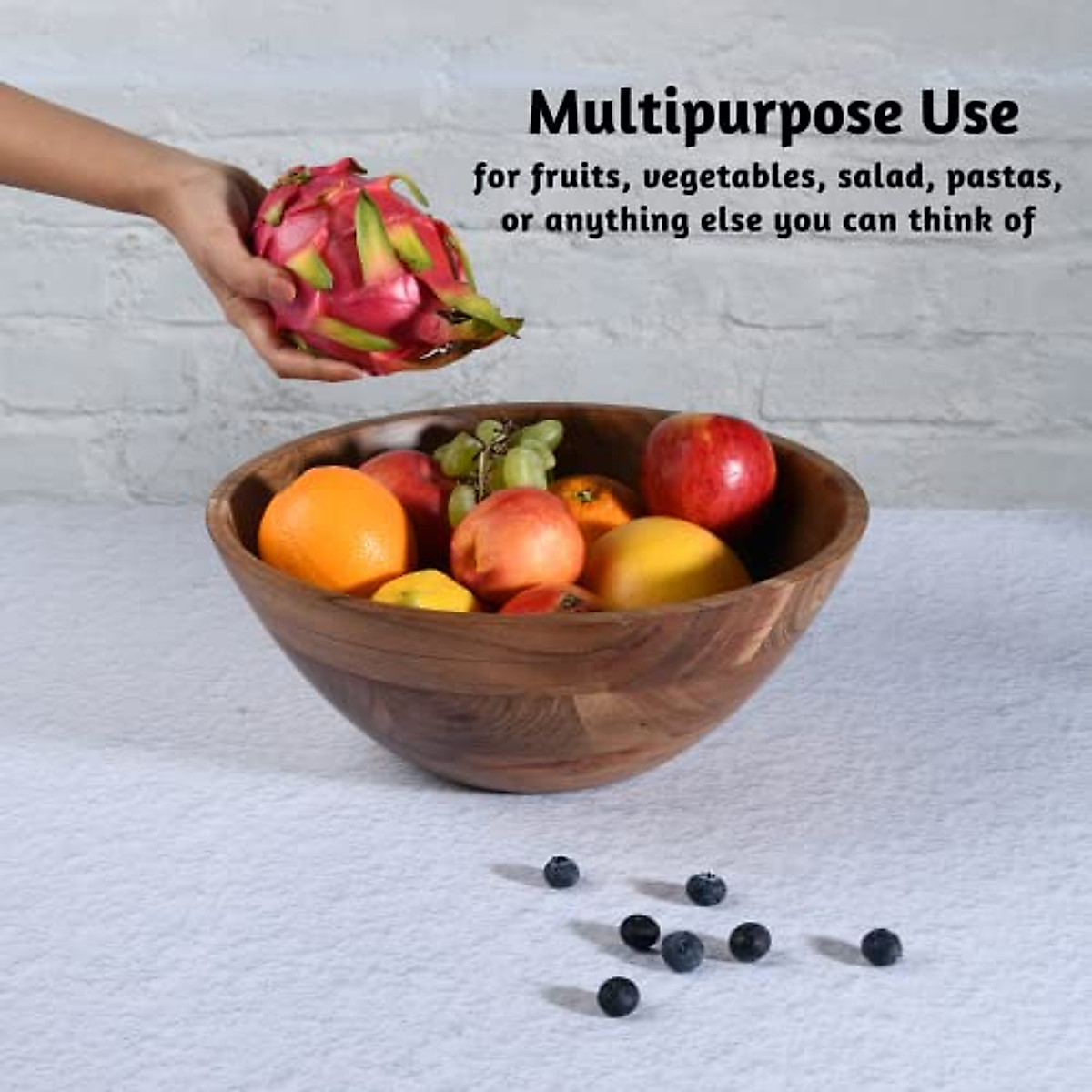 Folkulture Salad Bowl or Salad Bowl With Servers, Salad Bowls or Wooden Bowls for Food in 3 Colors, 12" D x 5" H, Acacia Wood, Wooden Salad Bowl Set, Round Mixing Bowl, Natural Finish