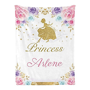 Yeshop Princess Floral Pink Purple Personalized Receiving Baby Blankets for Girls with Name,Customized Swaddle Blankets Gift for Newborn Crib Infants 30x40 Inches