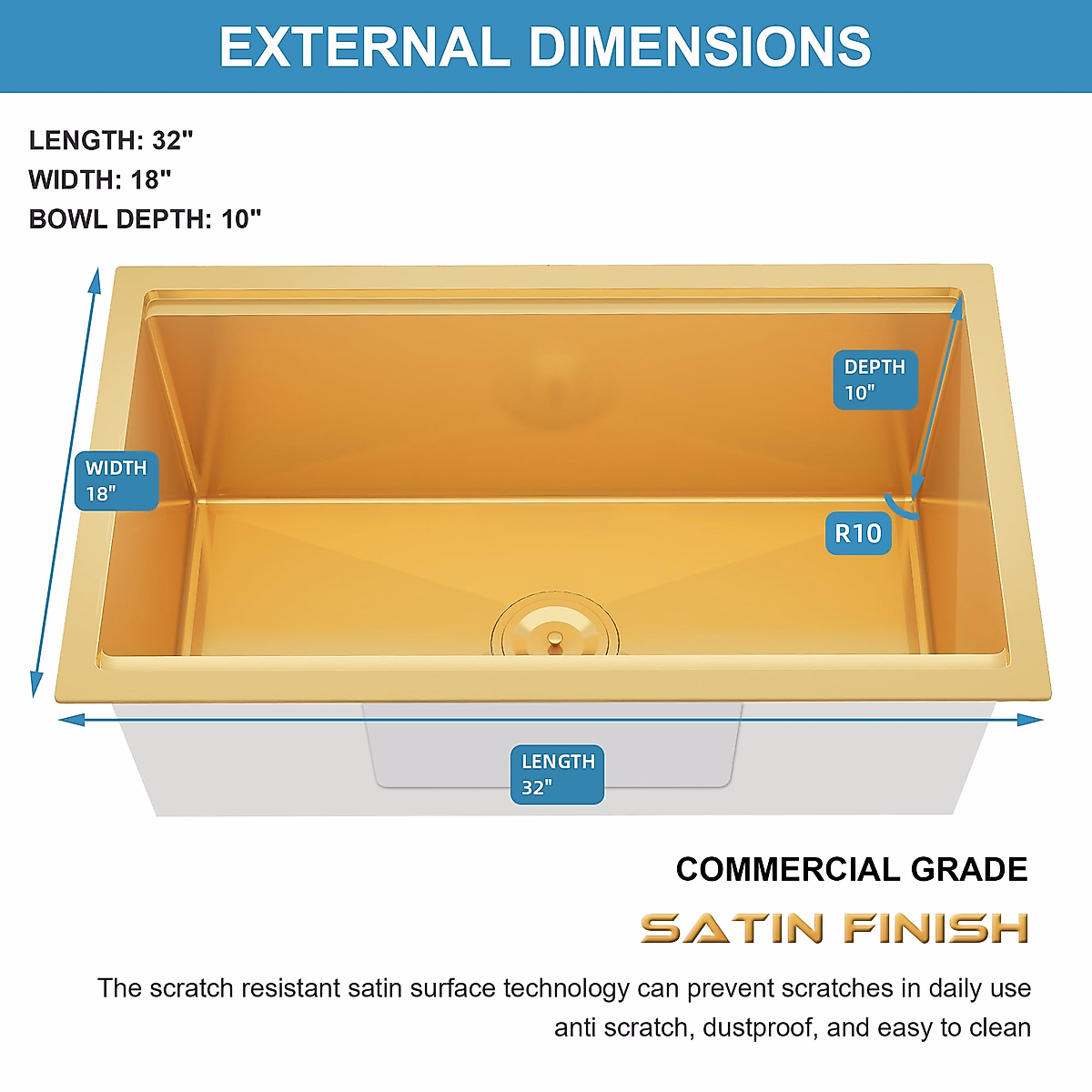 JoviPrime 32 Inch Gold Kitchen Sink Workstation Undermount Stainless Steel 16 Gauge Kitchen Sink Handmade Deep Single Bowl Kitchen Sink with Accessories 32" x 18" x 10"
