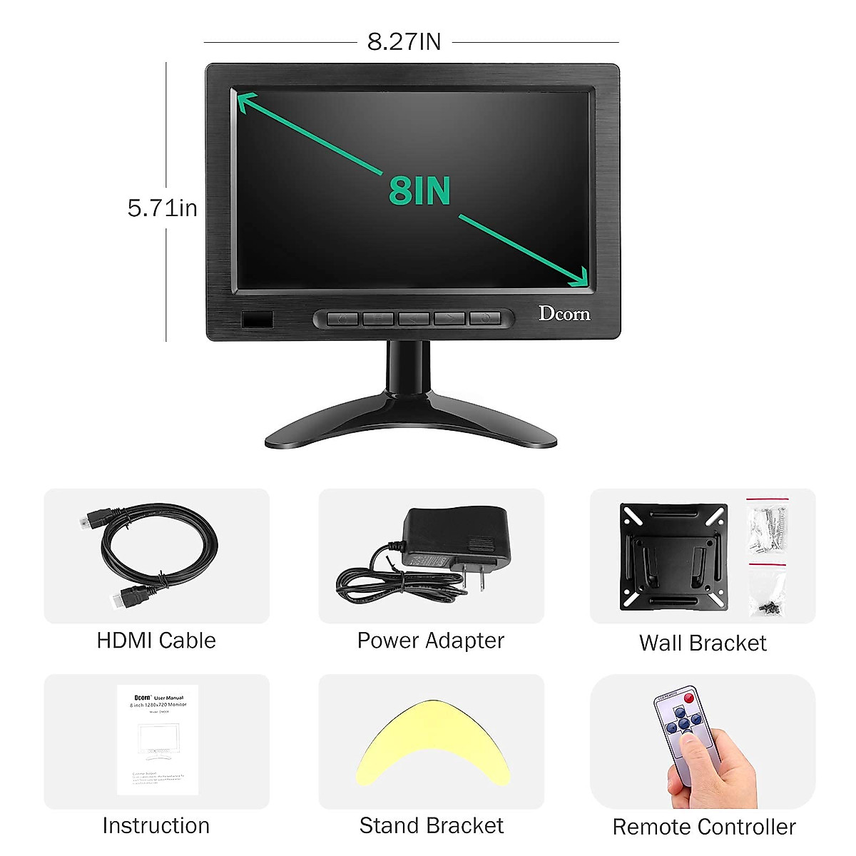 Dcorn 8 Inch Mini Monitor,Small HDMI Monitor 1280x720 16:9 IPS Metal Housing Computer Monitor Support HDMI/VGA/AV/BNC Input with Wall Bracket&Remote Control,178 Full Viewing w/Speaker