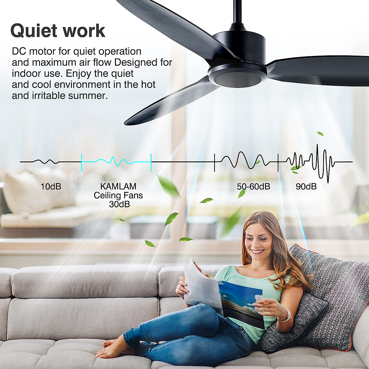 KAMLAM 52" Matte Black Ceiling Fan with Remote, Modern Ceiling Fans with Quiet Reversible DC Motor, 6 Speed, Timing, 3 Blades Ceiling Fan For Outdoor/Bedroom/Farmhouse/Patios