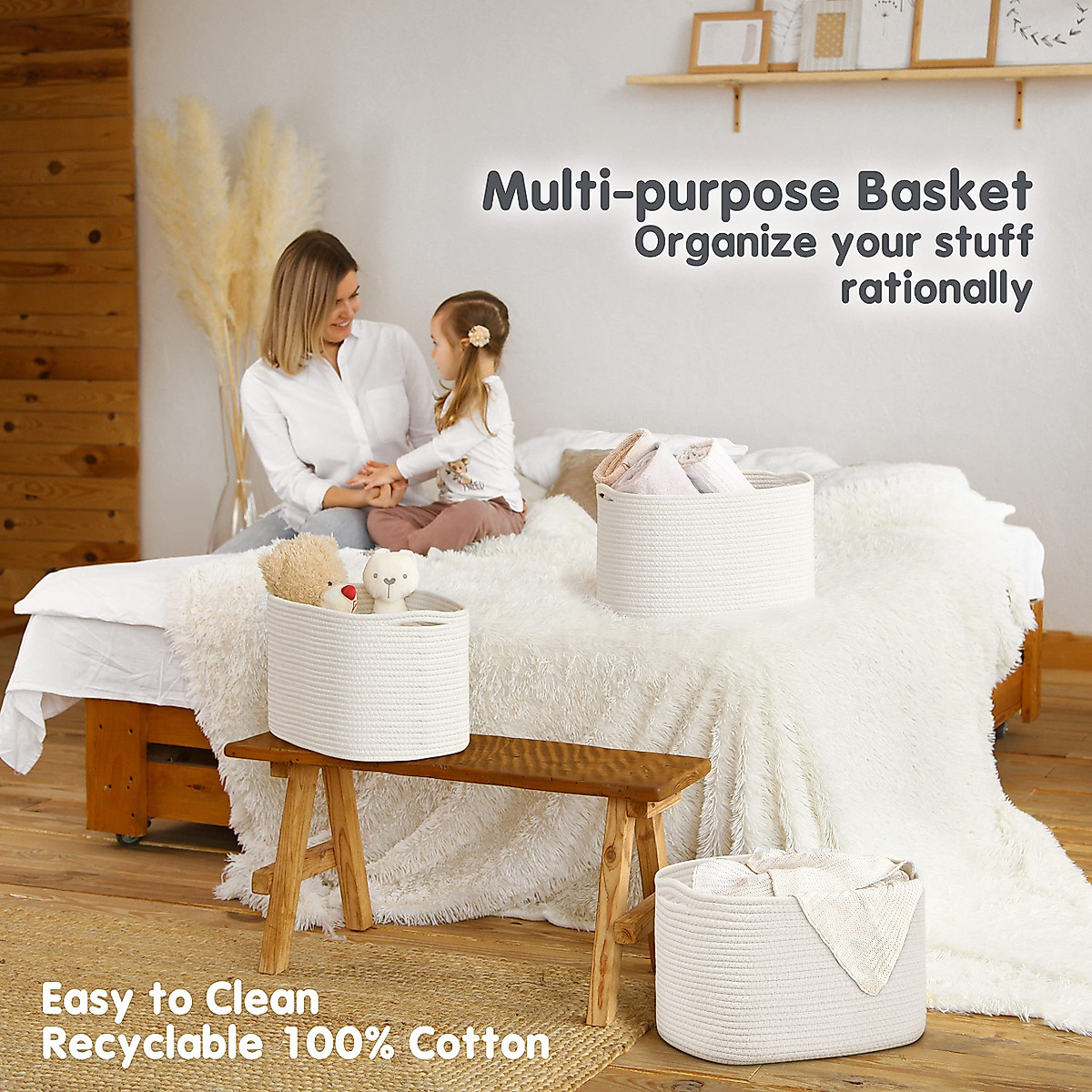 CHAT BLANC Cotton Rope Basket Blanket Storage for Living Room 15.8"x15.8"x13.8" | Baby Toy Storage Basket | Woven Basket | Large Baskets for Organizing, Graphite