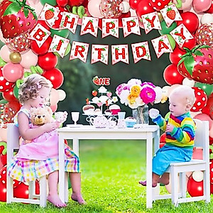 Amandir Strawberry 1st Birthday Party Decorations One Boxes, 120PCS Strawberry Balloons Garland Arch Banner Cake Topper Foil Number 1 for Berry First Sweet One Girl Birthday Baby Shower Fruit Supplies