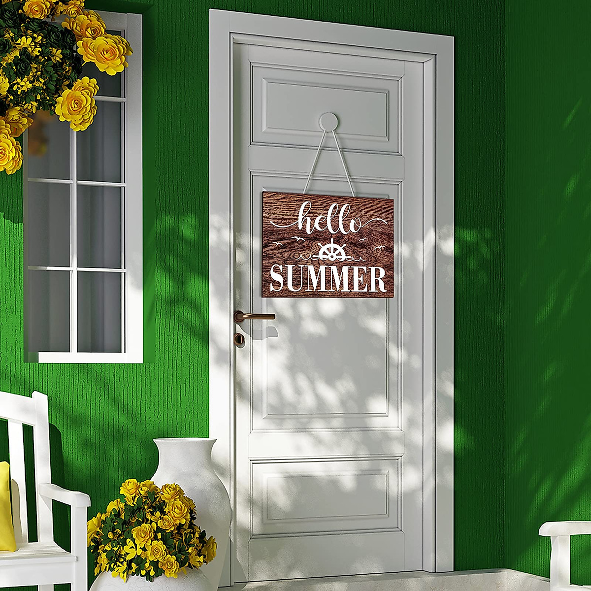 Jetec Hello Summer Wooden Sign Wooden Farmhouse Sign Home Rustic Front Door Decoration Wood Hanging Sign Wall Decor, 9.8 x 7.8 x 0.2 Inch